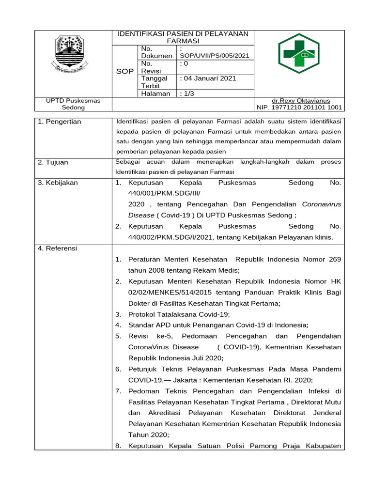 Sop Identifikasi Pasien Farmasi | PDF