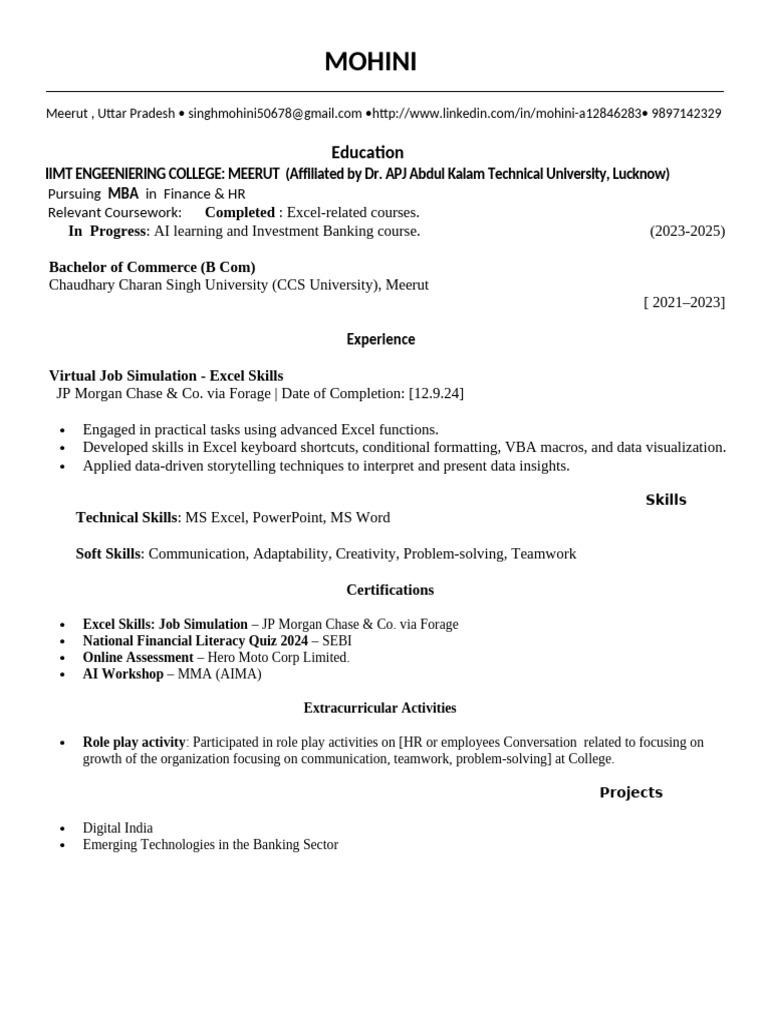 MBA Finance & HR Student Resume | PDF