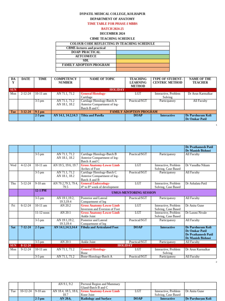 MBBS Phase-I Anatomy Timetable 2024-25 | PDF | Anatomy | Human Anatomy