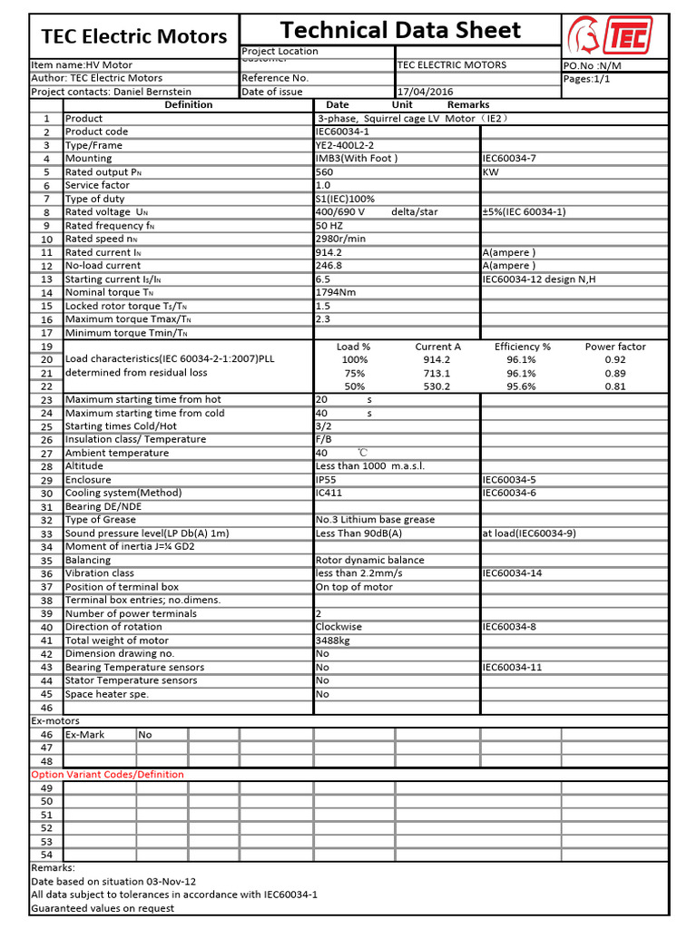 TEC Datasheet 560kW 2 Pole AC Motor | PDF | Electric Motor | Machines