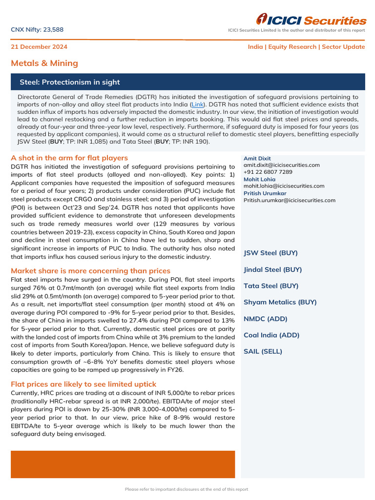 ICICI Securities Update On Metals & Mining Steel Protectionism | PDF | Economies