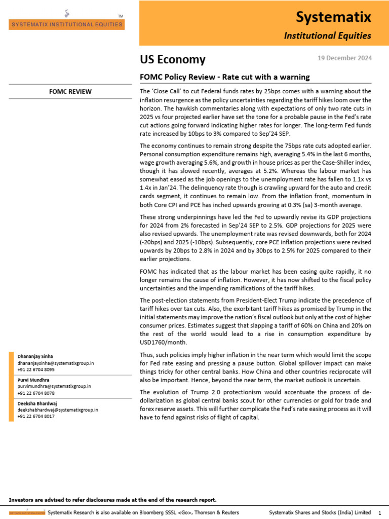 Systematix Report On US Economy FOMC Policy Review Rate Cut With | PDF ...