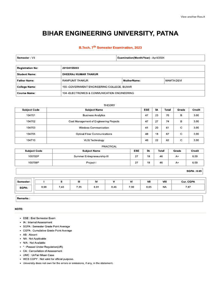 7th Sem Marksheet | PDF