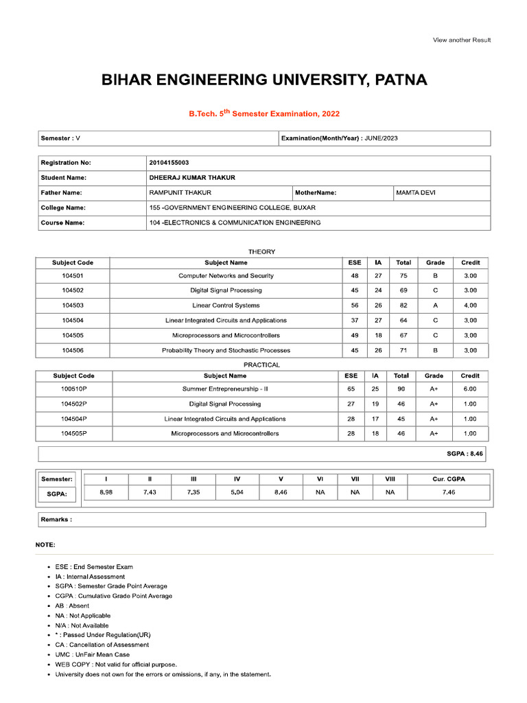 5th Sem Marksheet | PDF