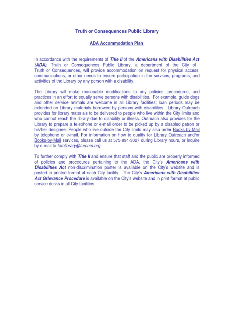 Ada Accommodation Plan For Library Pdf