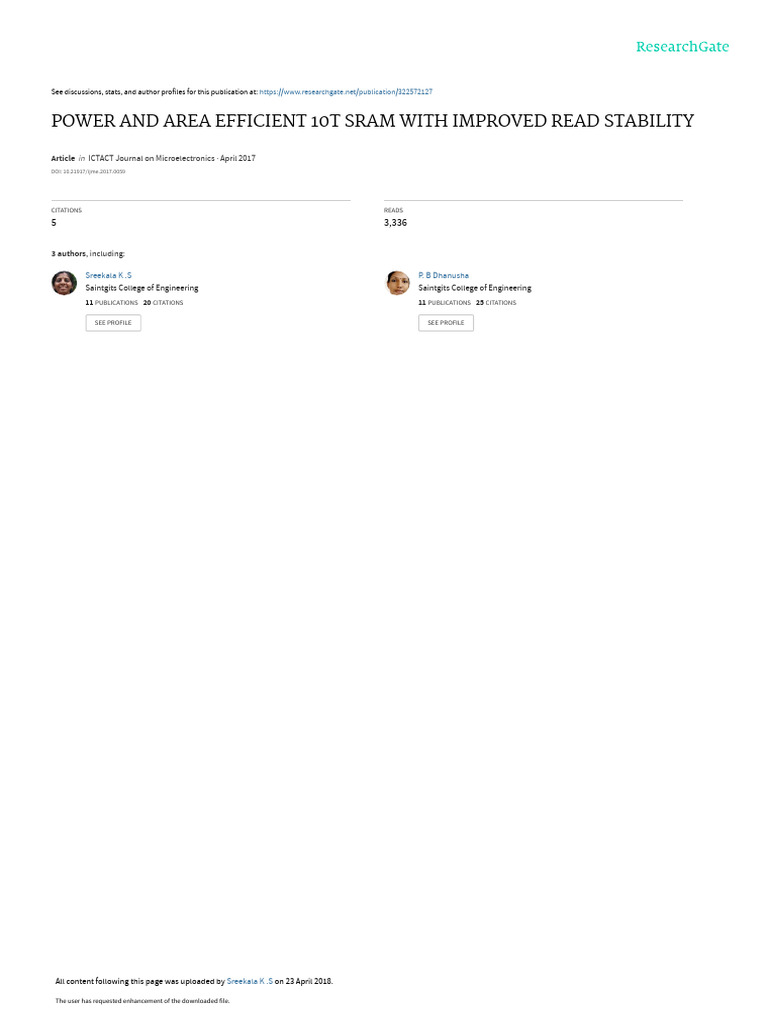 POWER_AND_AREA_EFFICIENT_10T_SRAM_WITH_IMPROVED_RE | PDF | Digital Electronics | Computer Memory