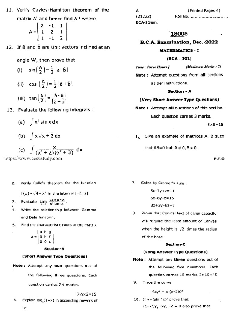 Bca 1 Sem Mathematics 1 18005 Dec 2022 | PDF