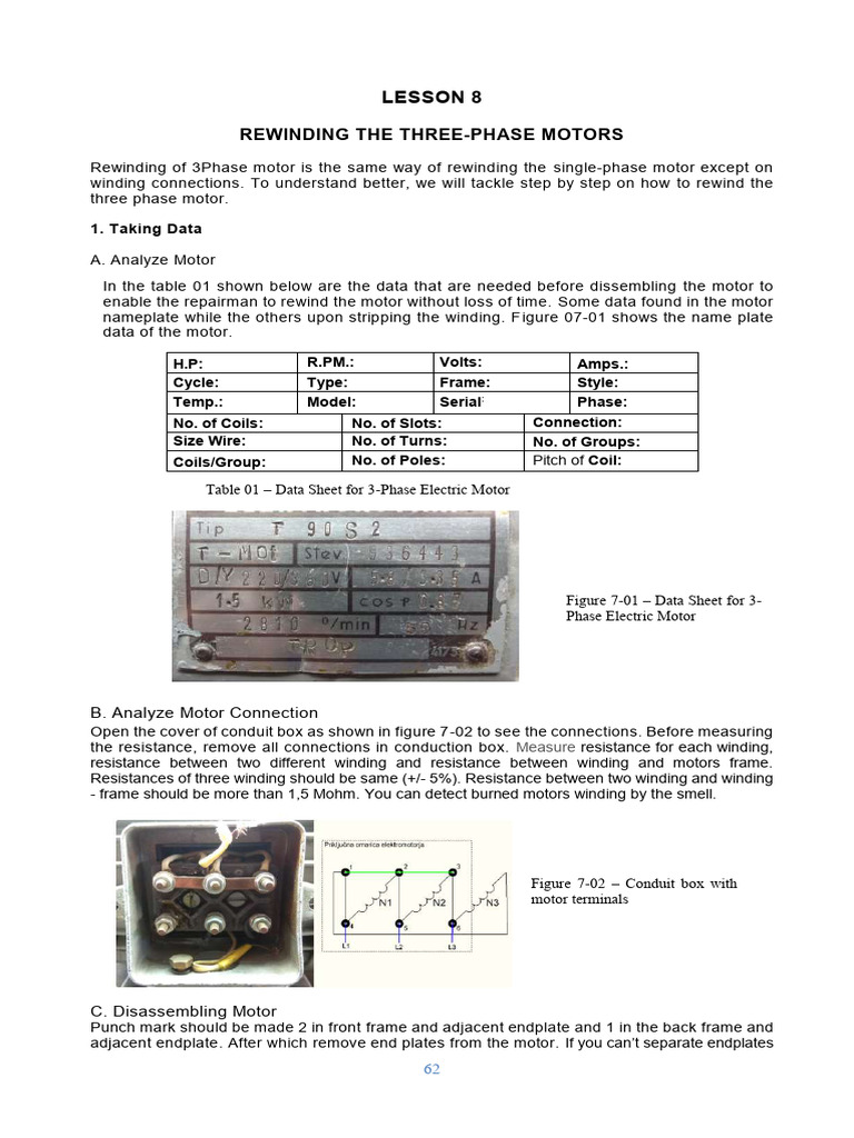 Lesson 8 Rewinding of Three Phase Motor | PDF | Wire | Electric Motor
