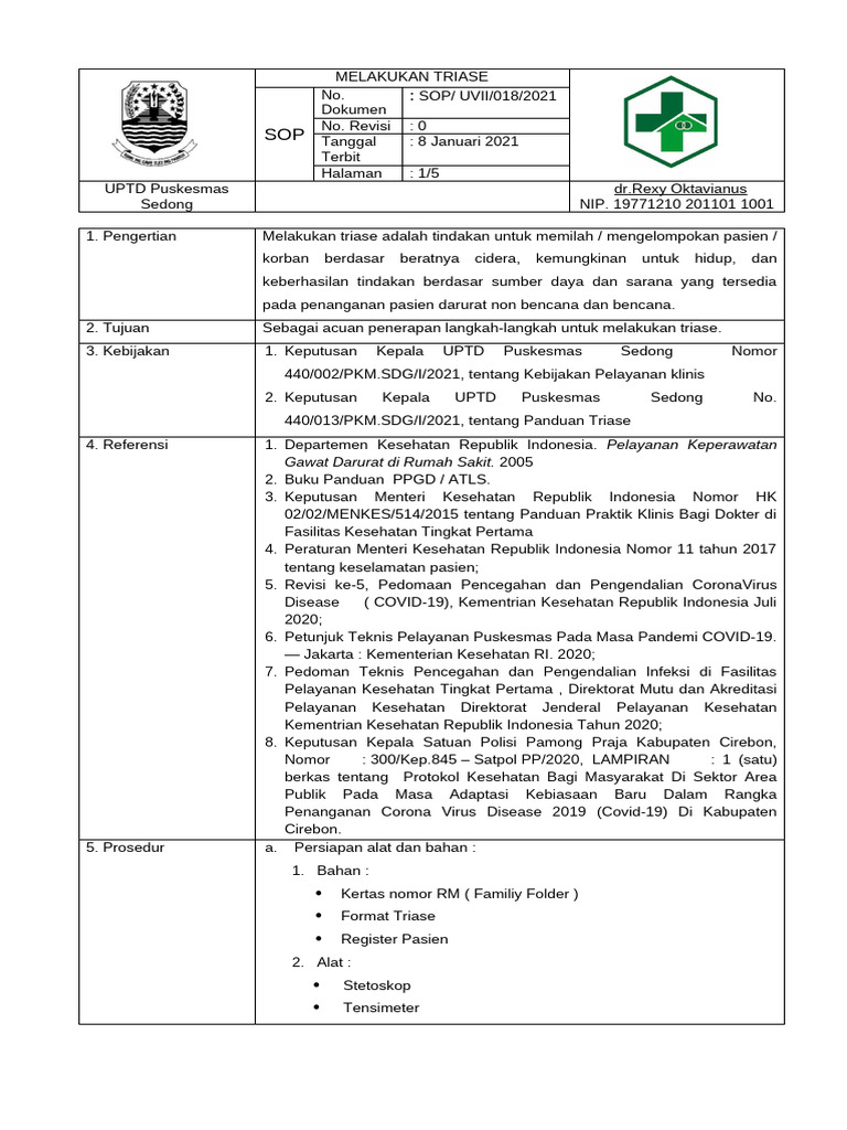 7.2.3.1 Sop Melakukan Triase Sedong | PDF