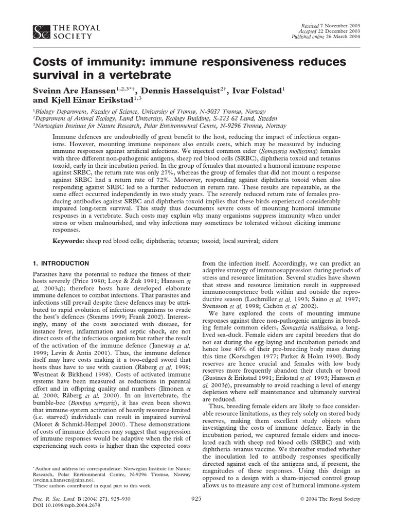 Costs of Immunity, Immune Responsiveness Reduces Survival in A ...