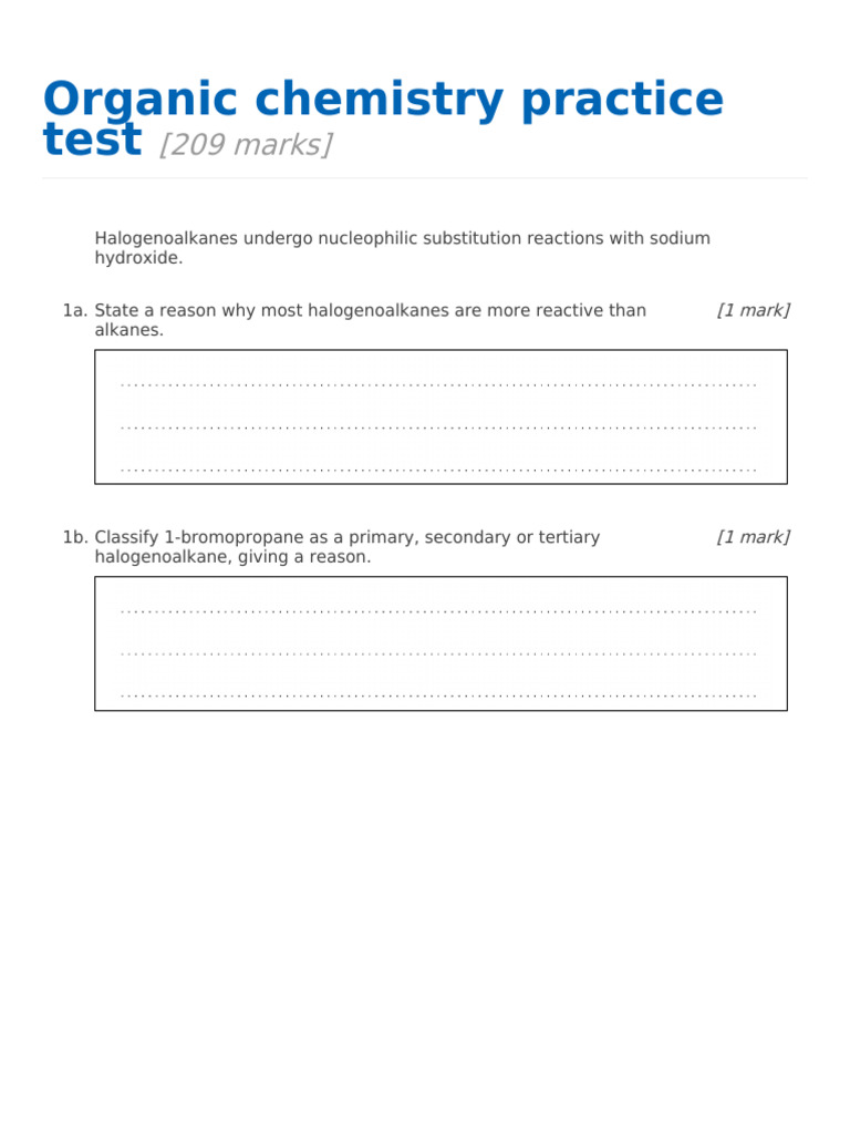 Grade 12 Organic Chemistry Practice Test | PDF | Chemical Reactions ...