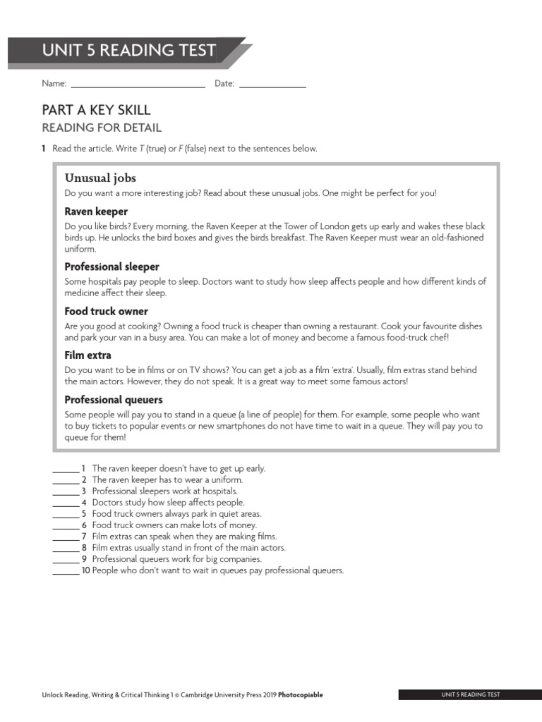 Unlock 2e RW1 Tests - Unit 05 | PDF | Linguistics
