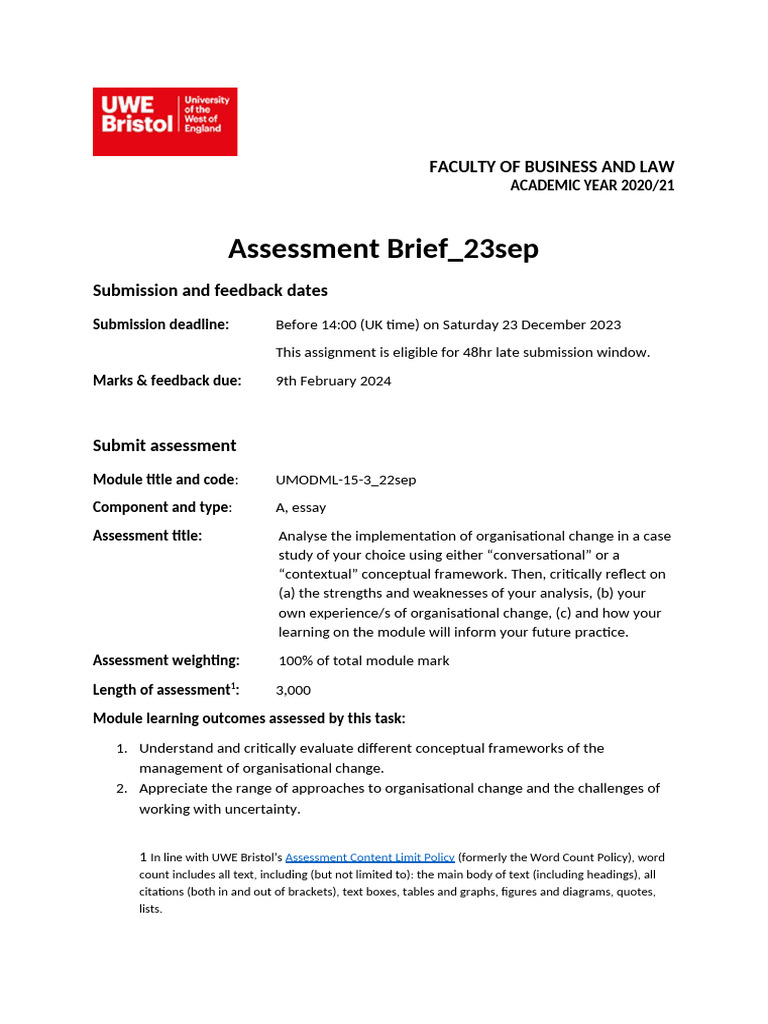 MOC Assignment Brief and Guidance 23sep (1) | PDF | Organizational Behavior | Essays