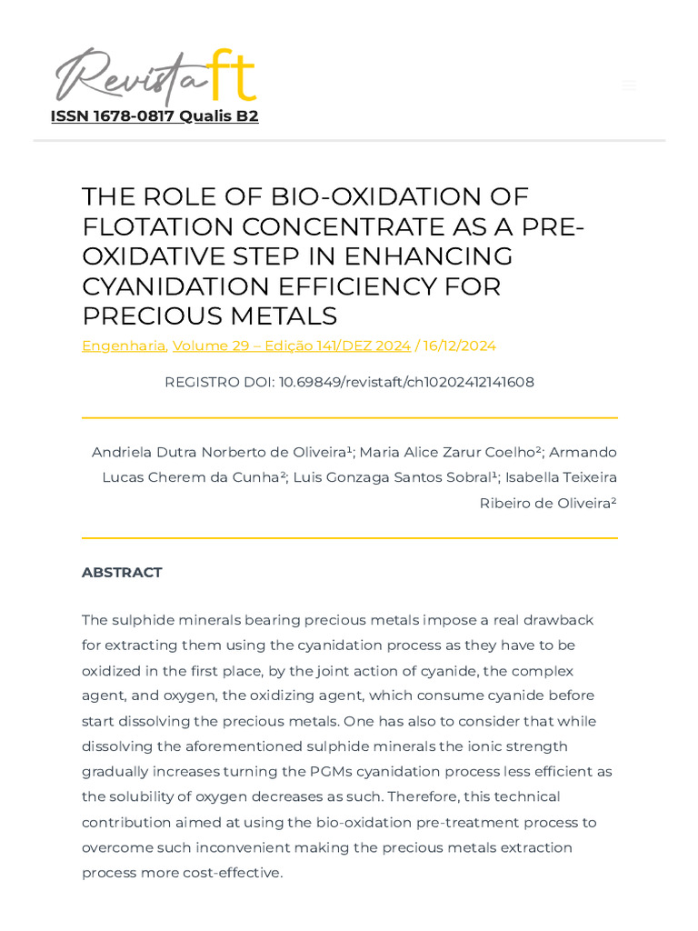 The Role of Bio-Oxidation of Flotation Concentrate As A Pre-Oxidative ...