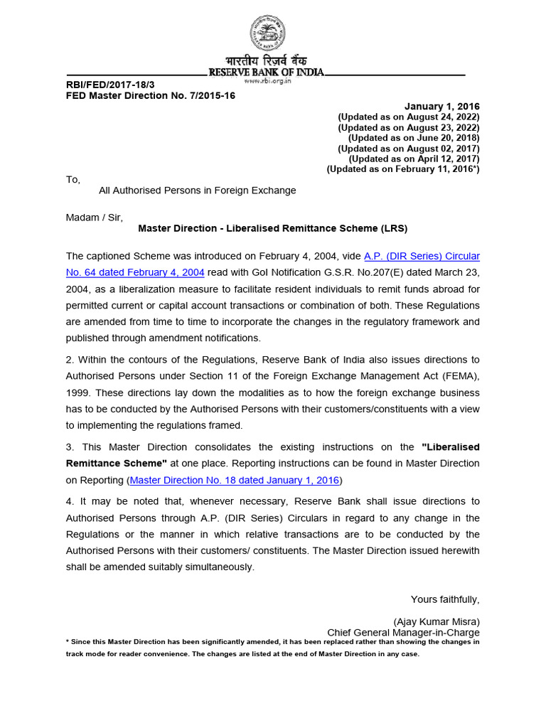 Aug242022 - RBI - RBI Reissues Master Direction On Liberalised Remittance Scheme | PDF | Banks ...
