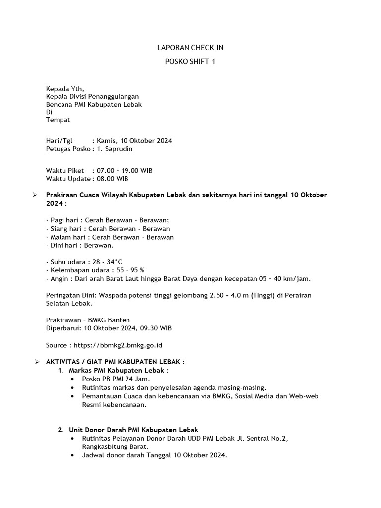 LAPORAN CHECK IN 10 Oktober 2024 Shift 1 | PDF