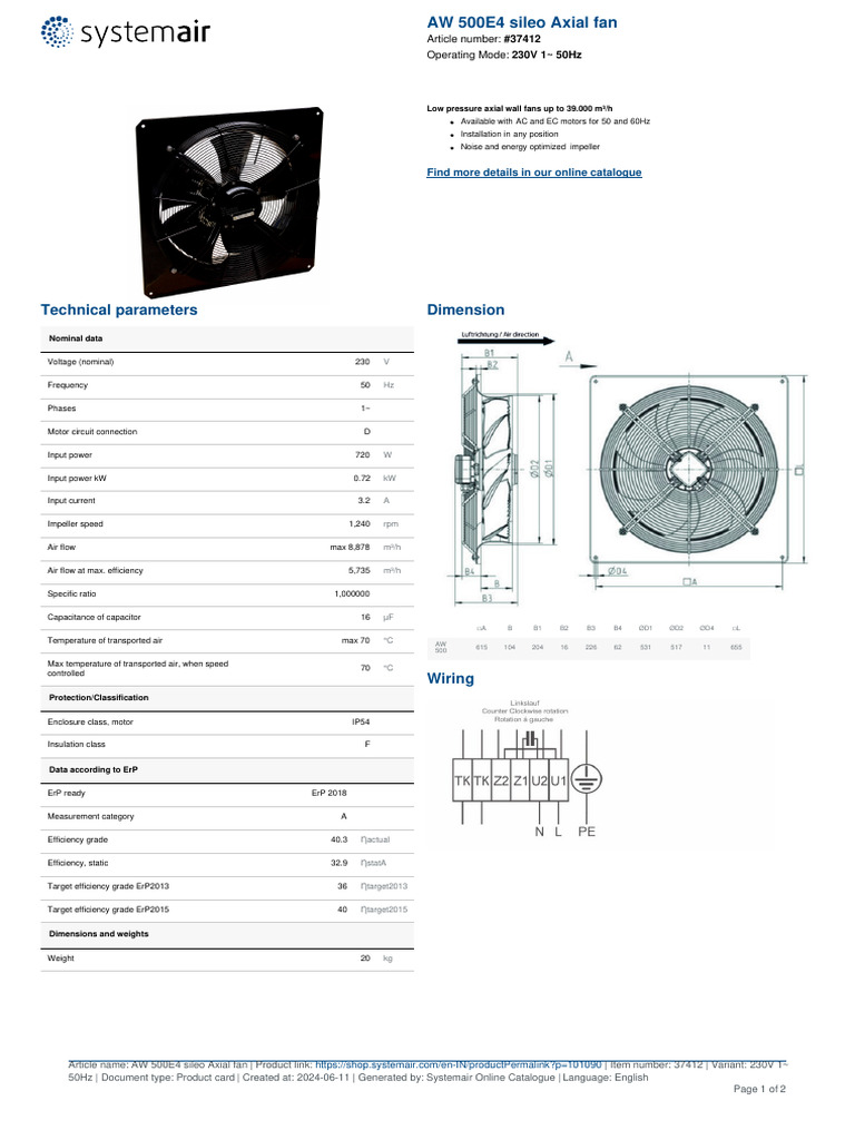 Systemair AW 500E4 Sileo Axial Fan | PDF | Alternating Current | Power ...