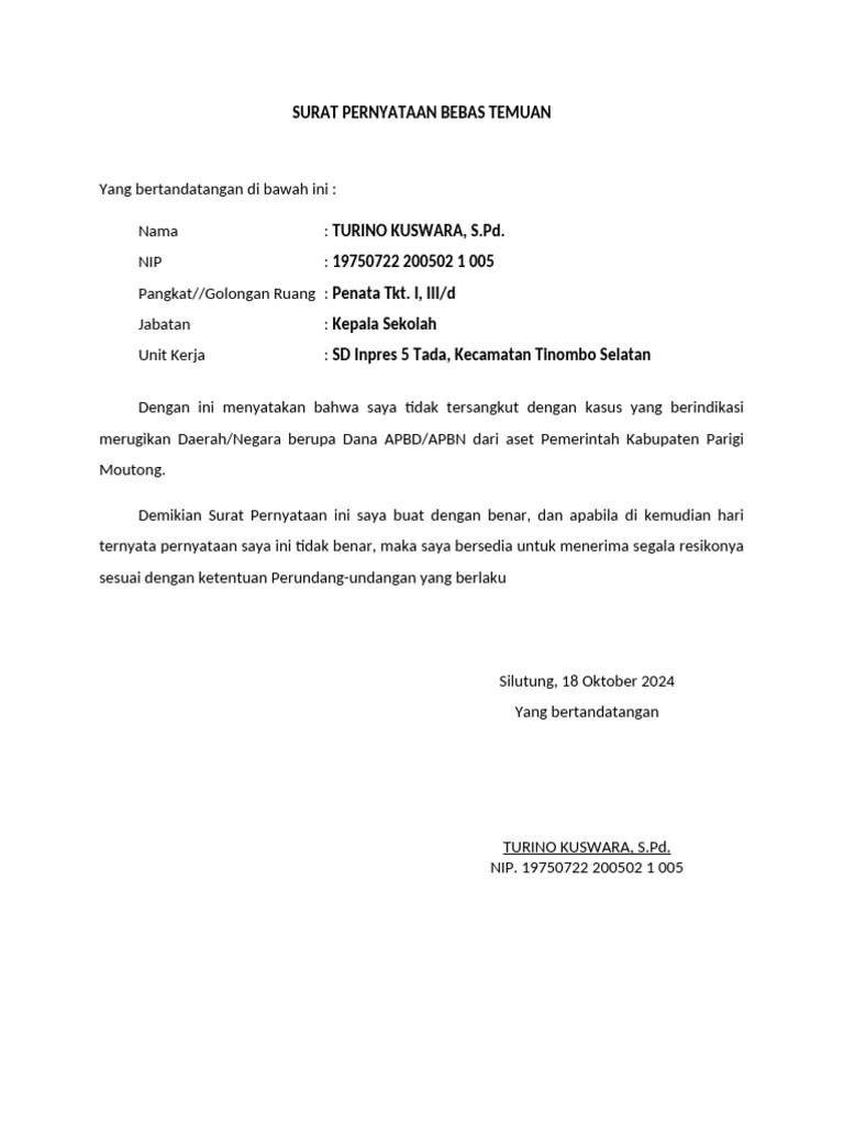 SURAT PERNYATAAN BEBAS TEMUAN | PDF