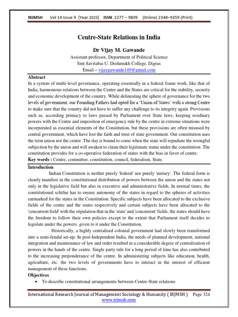 Centre State Relations in India | PDF | Treaty | Constitution