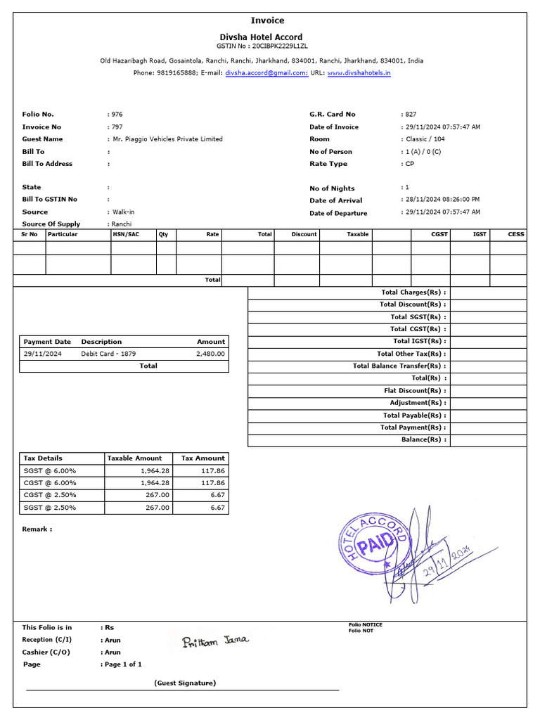 Accord Hotel Ranchi Nov Invoice - 115022 | PDF | Public Finance | Taxation