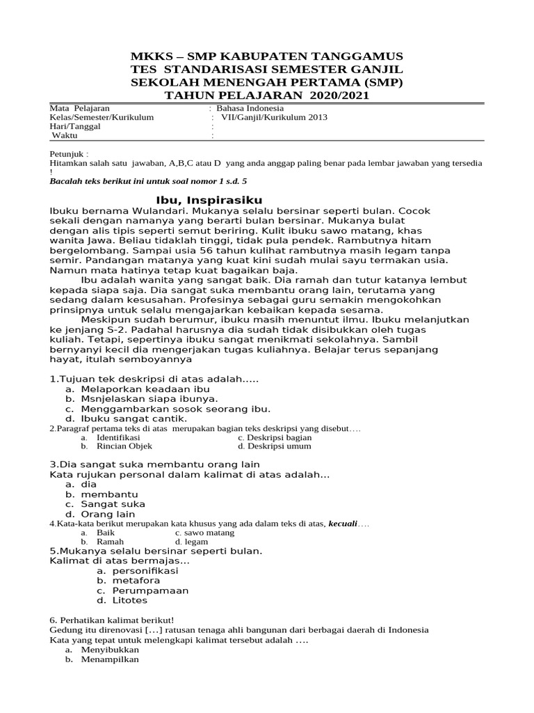 SOAL PAS BAHASA INDONESIA KELAS VII | PDF