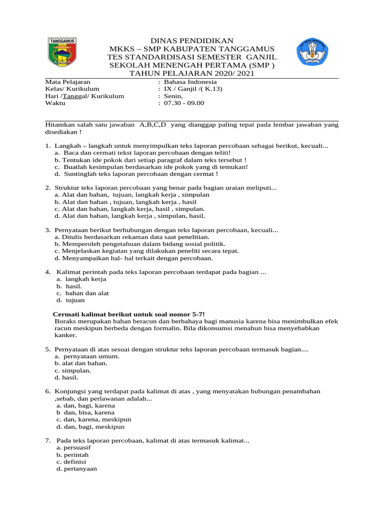 Soal Pas Bahasa Indonesia Kelas 9 | PDF