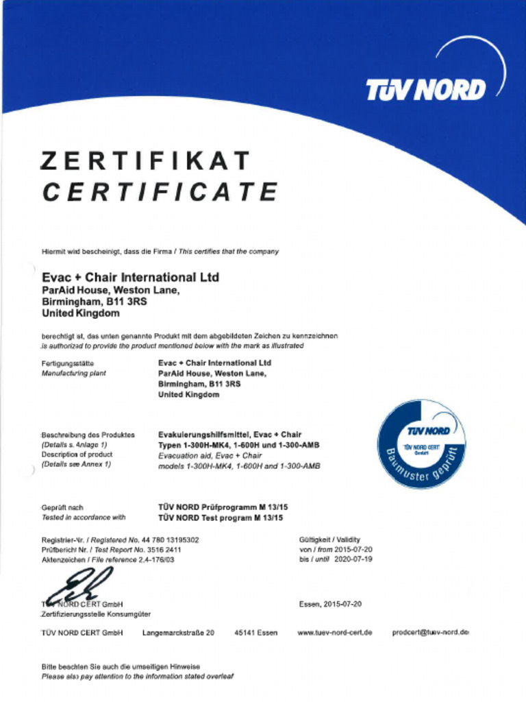 Tuv Nord Evac+Chair Approval Certificate 1-300h Mk4 1-300 Amb & 1-600h | PDF