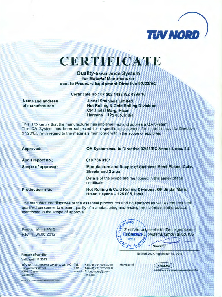 certificate-ped | PDF | Iron | Stainless Steel