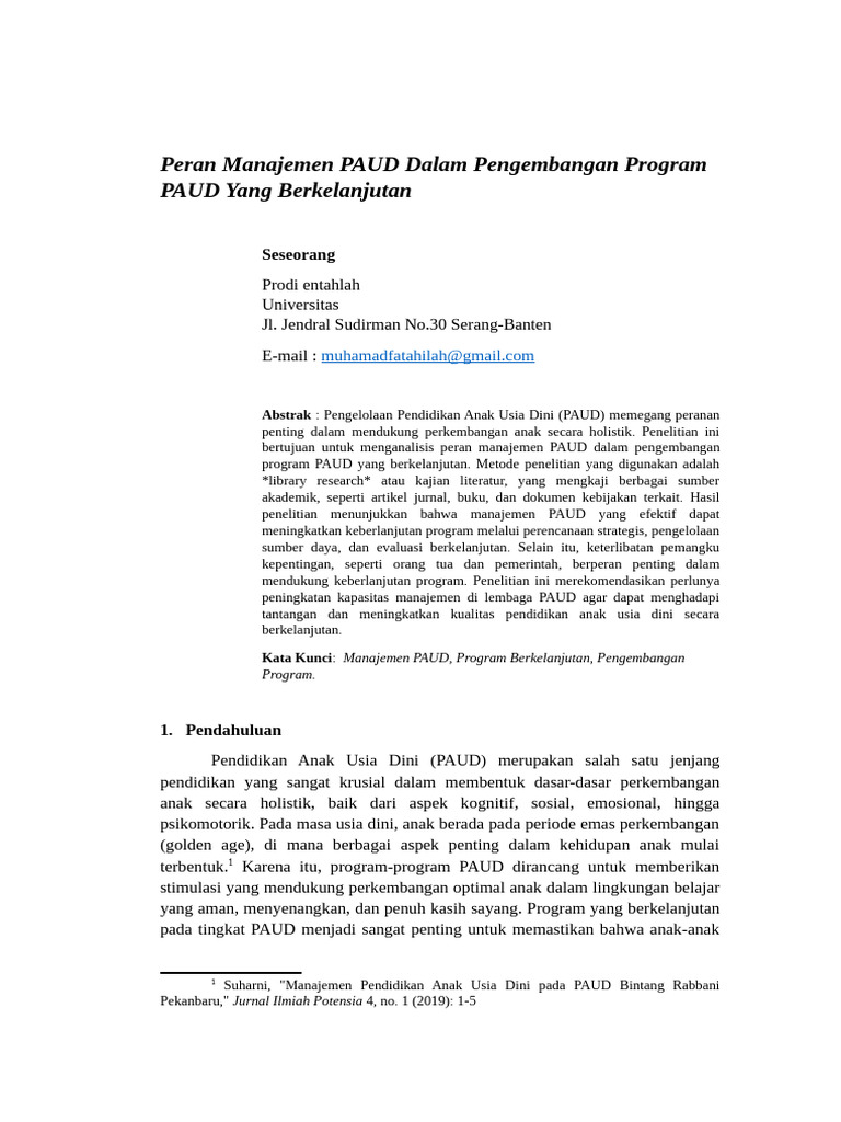 Peran Manajemen PAUD Dalam Pengembangan Program PAUD Yang Berkelanjutan | PDF