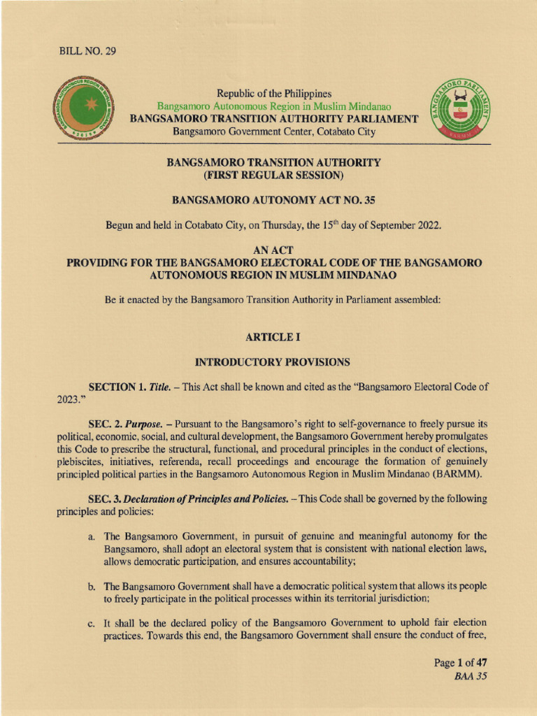 BAA 35 Bangsamoro Electoral Code | PDF