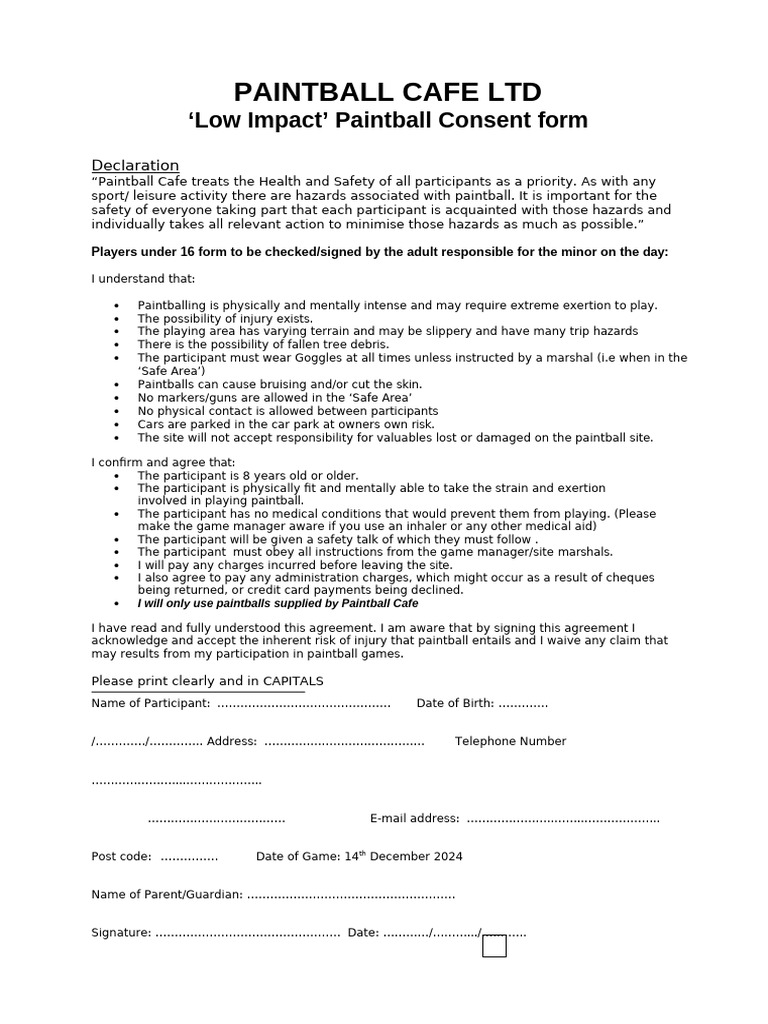 Low Impact Paintball Consent Form | PDF | Hazards | Safety