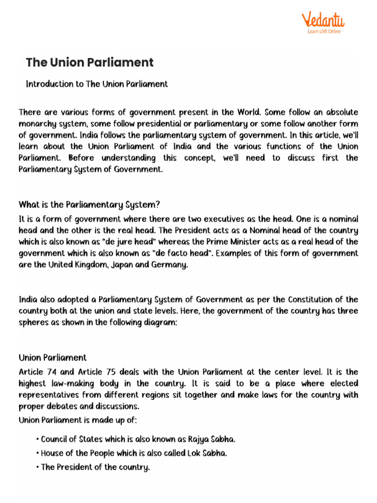 The Union Parliament | PDF