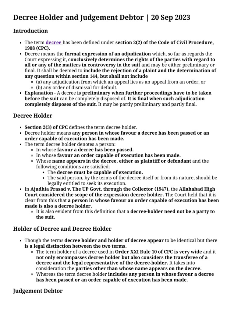 To The Point - TTP Code of Civil Procedure - Decree Holder and Judgement Debtor - Print 2 | PDF ...