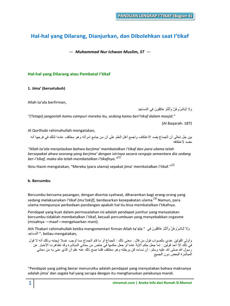 Panduan Iktikaf 4 Hal Hal Yang Dilarang Dianjurkan Dan Dibolehkan Saat I - Tikaf | PDF