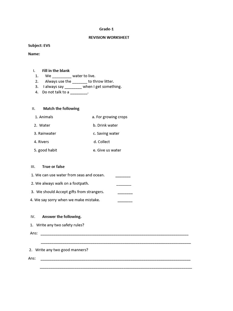 Grade I PT 1 Revision Work Sheet | PDF