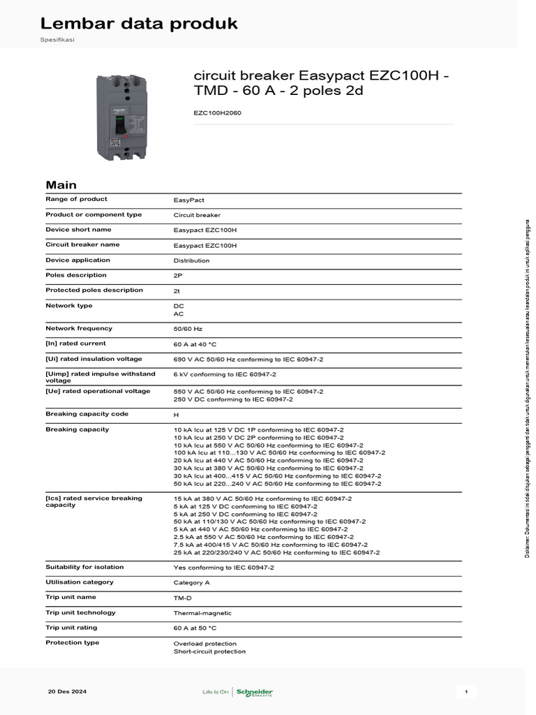 Easypact EZC100H 60A Circuit Breaker | PDF | Alternating Current ...