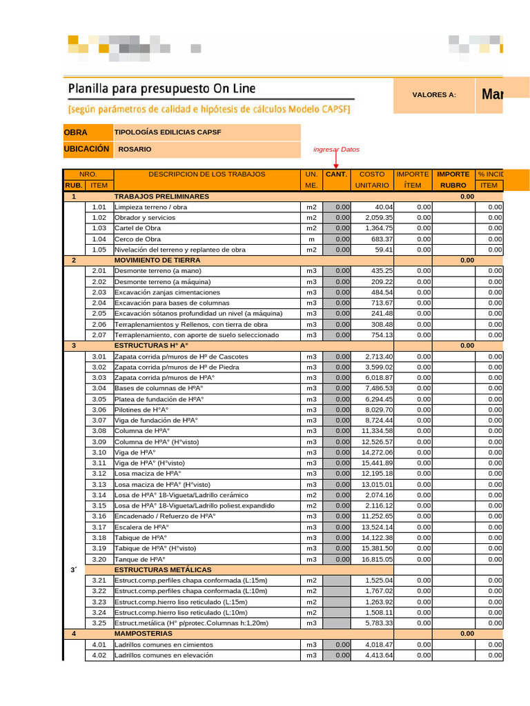 Planilla Presupuesto Online Mar2018 | PDF | Carpintería | Albañilería