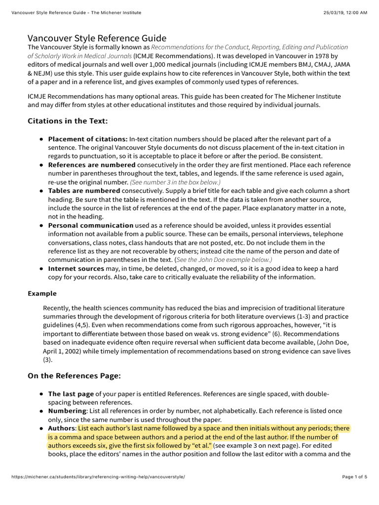 Vancouver Style Reference Guide - The Michener Institute | PDF ...