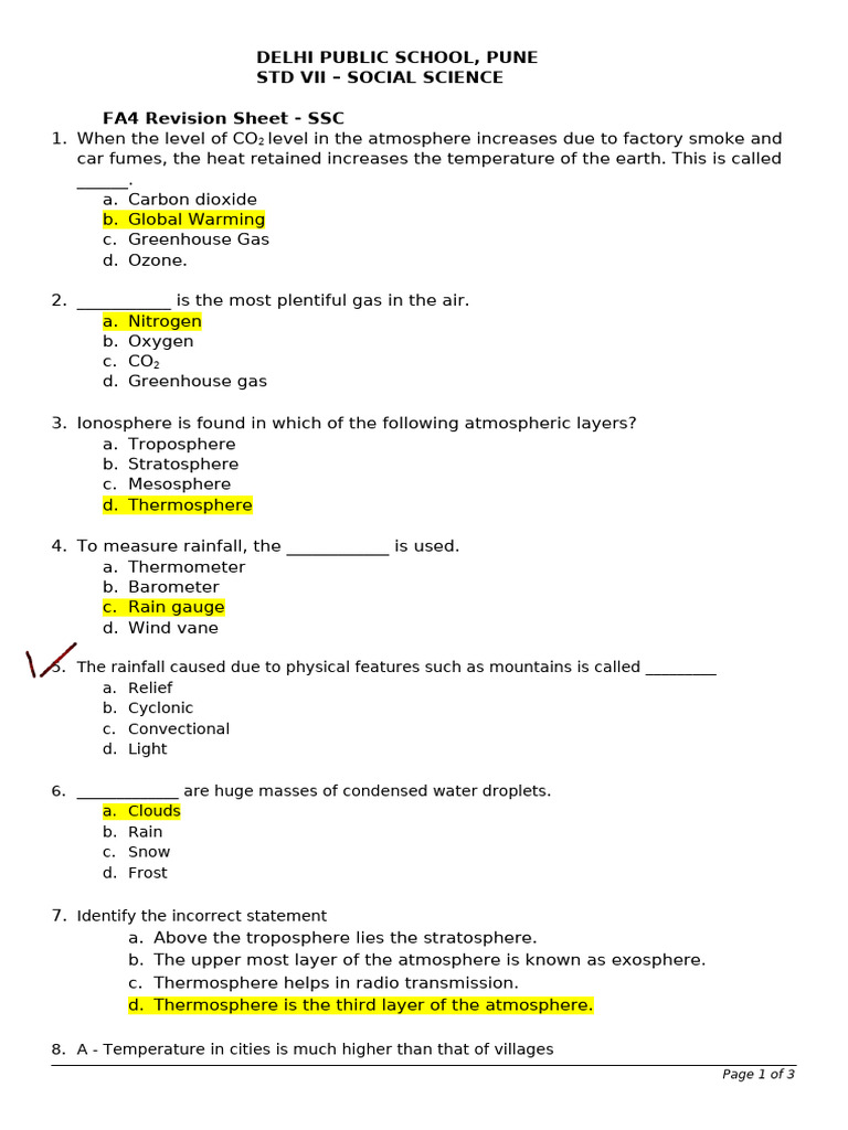 FA4 Revision Sheet VII | PDF | Atmosphere Of Earth | Atmosphere