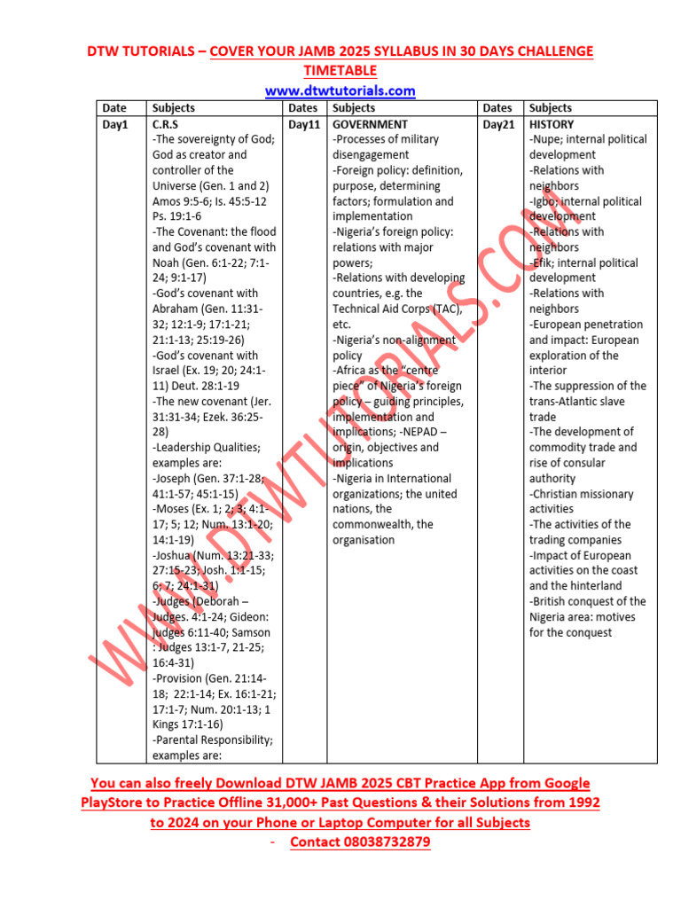 Govt-Hist-Crs-Eng - Jamb 30 Days Timetable Challenge by DTW Tutorials - Jamb 2025 | PDF | Books ...