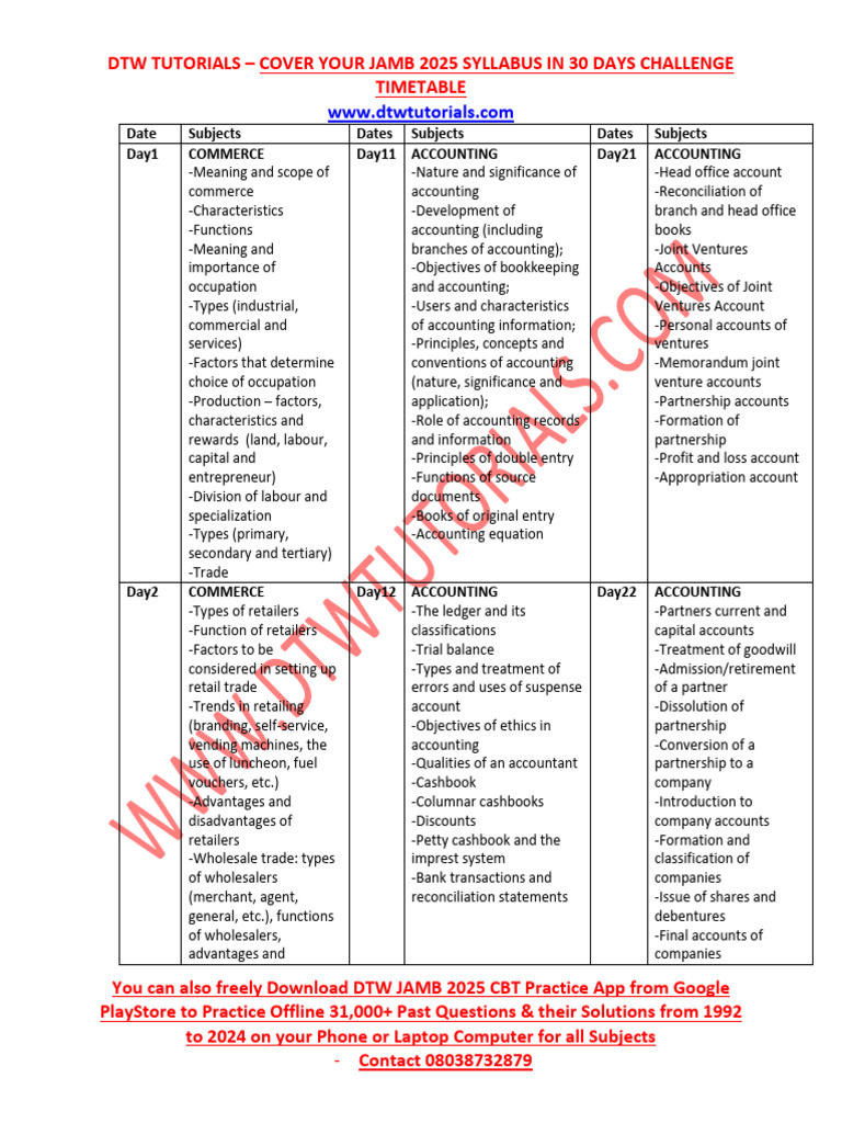 Com-Acct-math-Eng - Jamb 30 Days Timetable Challenge by DTW Tutorials - Jamb 2025 | PDF ...
