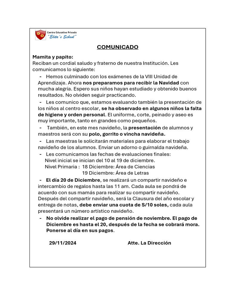 Avisos Escolares y Actividades Navideñas | PDF