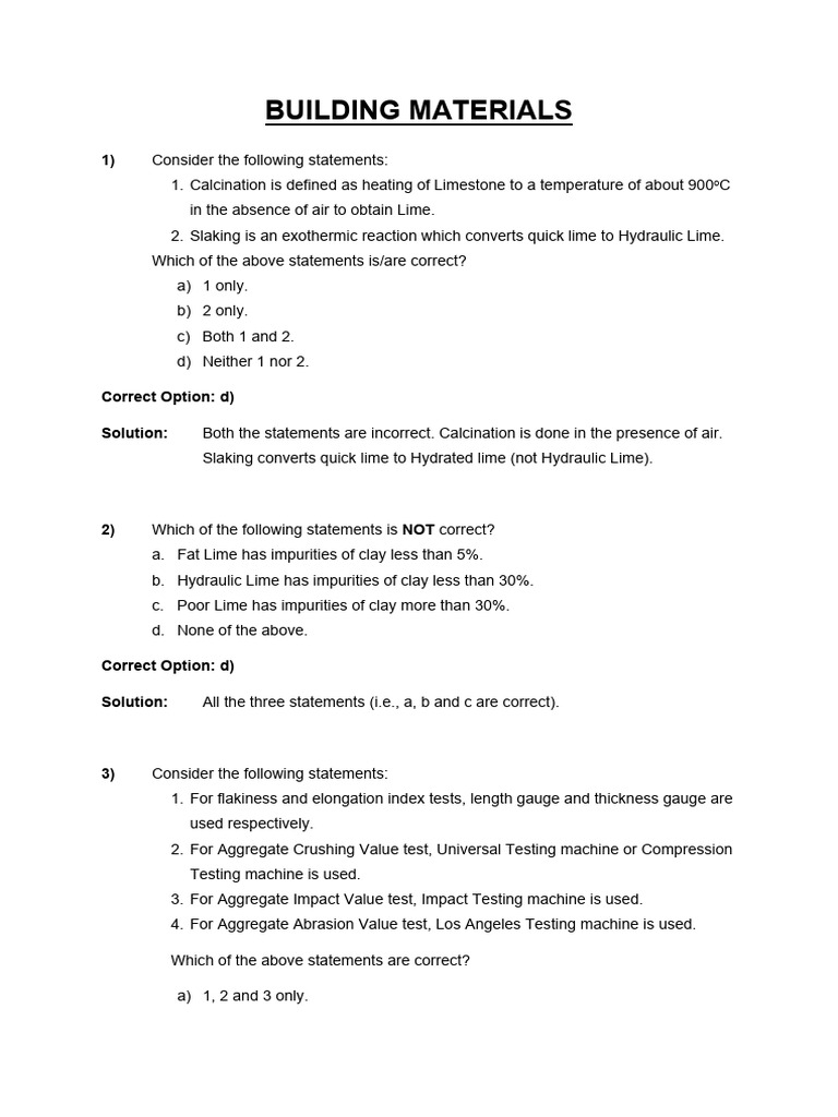 Building Materials - Practice Questions | PDF | Lime (Material) | Concrete