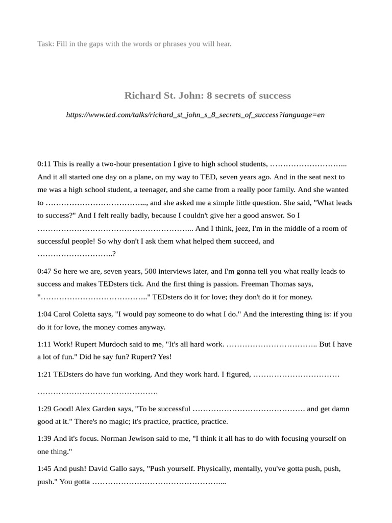 Richard St. John 8 secrets of success - gap filling | PDF