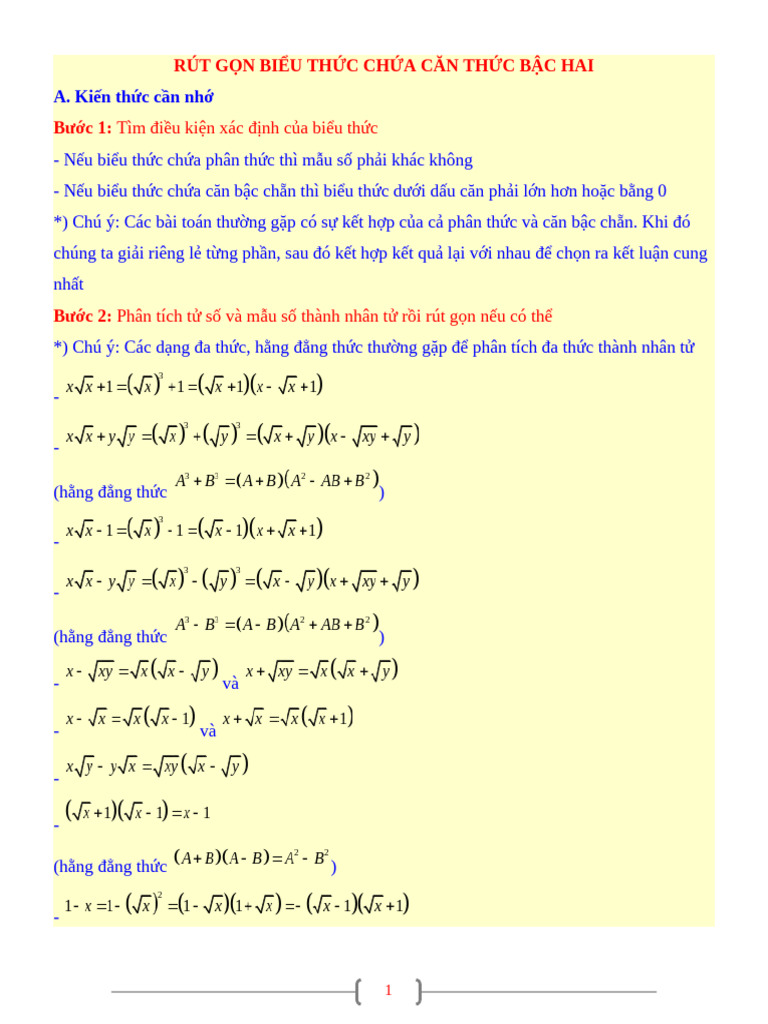 Tai Lieu Toan 9 Chu de Rut Gon Bieu Thuc Chua Can Thuc Bac Hai | PDF