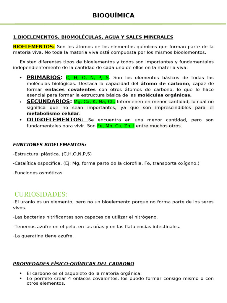 1 Bioelementos, Biomoleculas, Agua y Sales Minerales 1 | PDF | Propiedades del agua | Moléculas