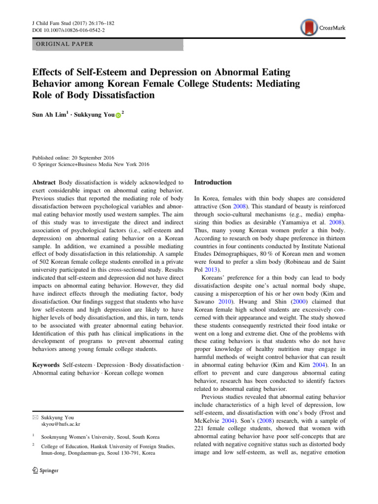 Effects of Self-esteem and Depression on Abnormal Eating Behavior Among Korean Female College ...