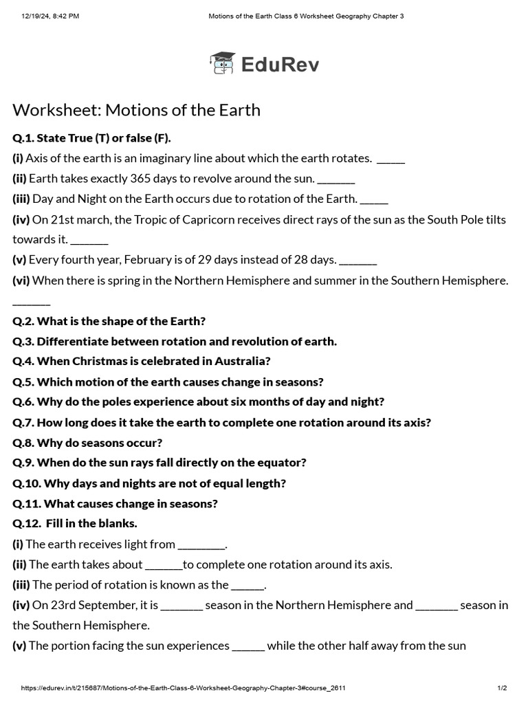 Motions of The Earth Class 6 Worksheet Geography Chapter 3 | PDF
