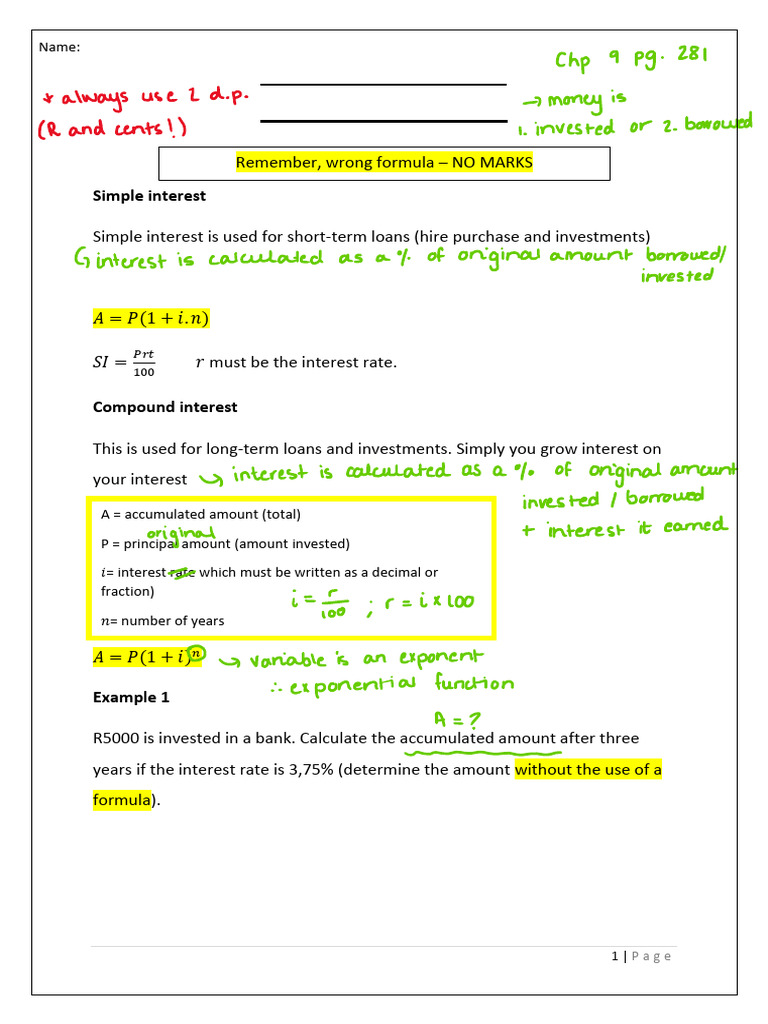 G10 Finance Class Notes - Filled in - 4-10-2024 PG 1-5 | PDF | Interest ...