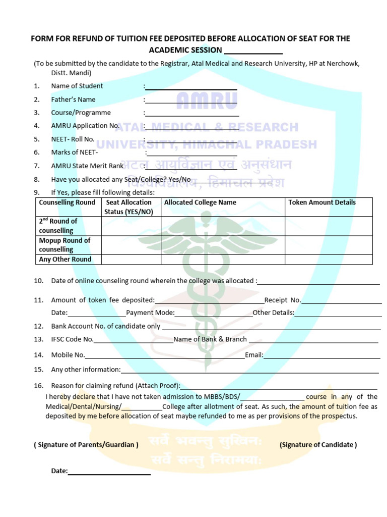 AMRU Tuition Fee Refund Form 2024 | PDF